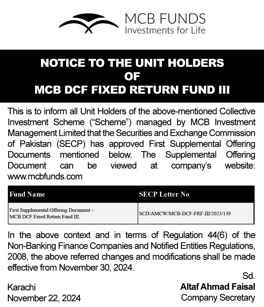 NOTICE TO THE UNIT HOLDERS OF MCB DCF FIXED RETURN FUND III – MCB Funds ...